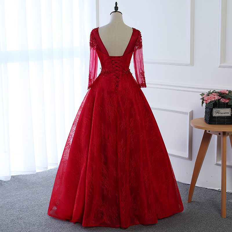 Evening Dress Lace Red Wine Dinner Transparent V-neck Long-sleeved ...