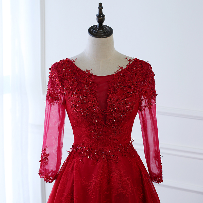 Evening Dress Lace Red Wine Dinner Transparent V-neck Long-sleeved ...