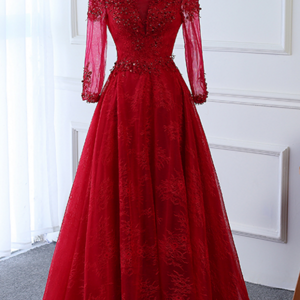 Evening Dress Lace Red Wine Dinner Transparent V-neck Long-sleeved ...